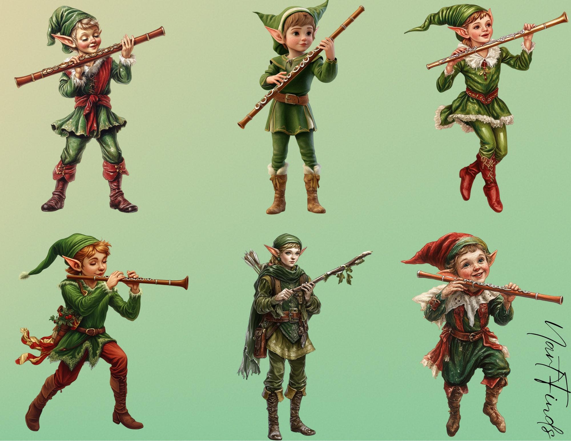 Elf Flute Player Clipart: Fantasy PNG Illustrations (commercial Use) - Etsy