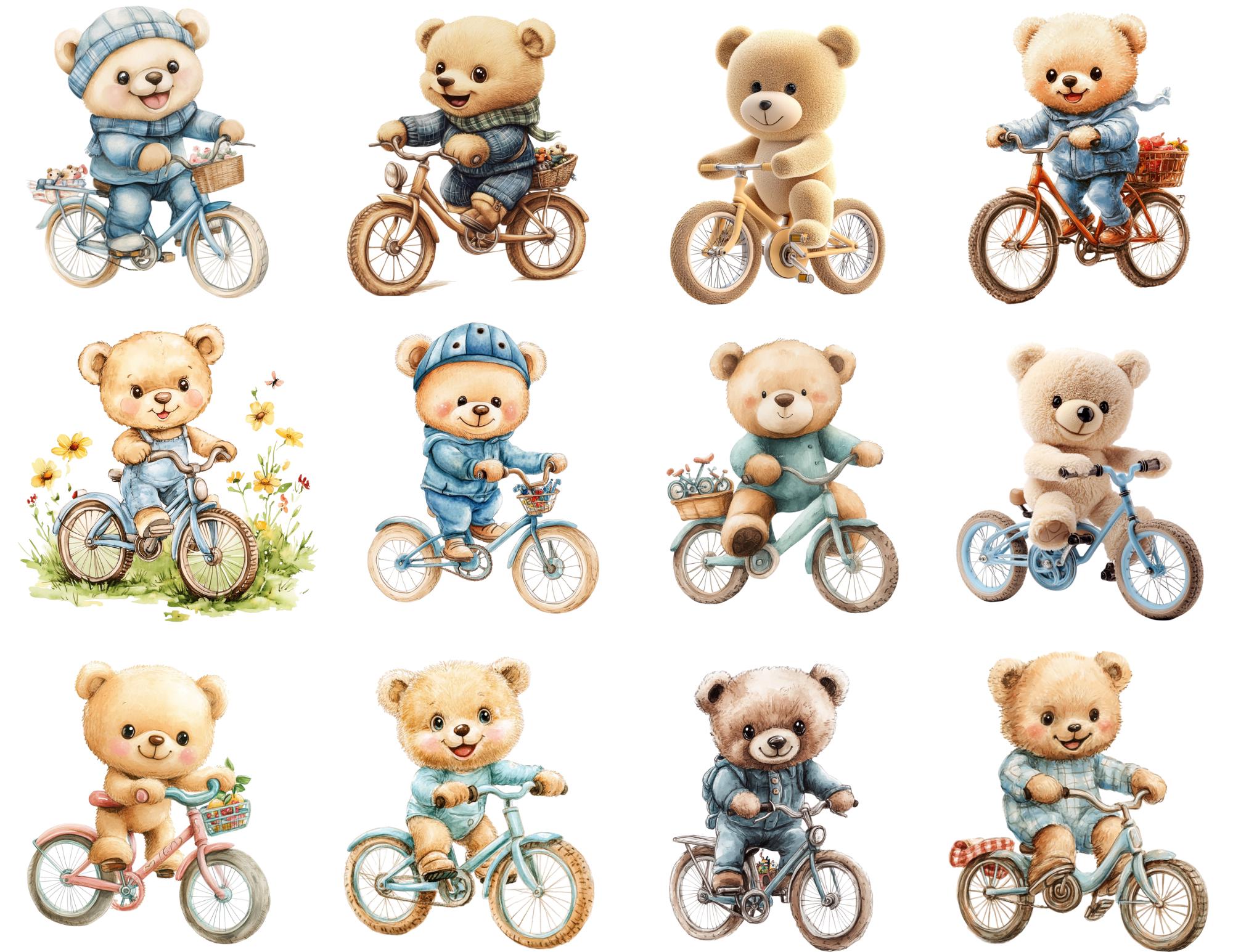 Clipart Teddy Bears on Bikes | Cute Bears PNG | Digital Cute Decor ...