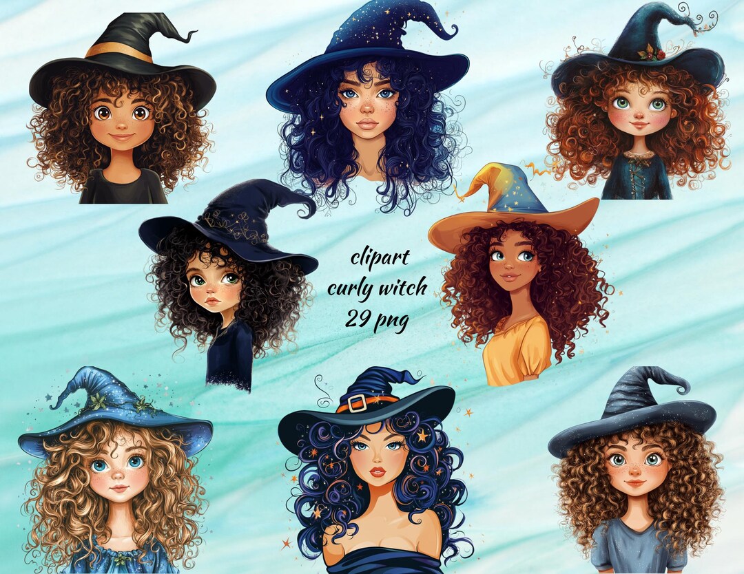 Curly Witch Clipart, Curly Witch PNG, Digital Curly Girl, Magical ...
