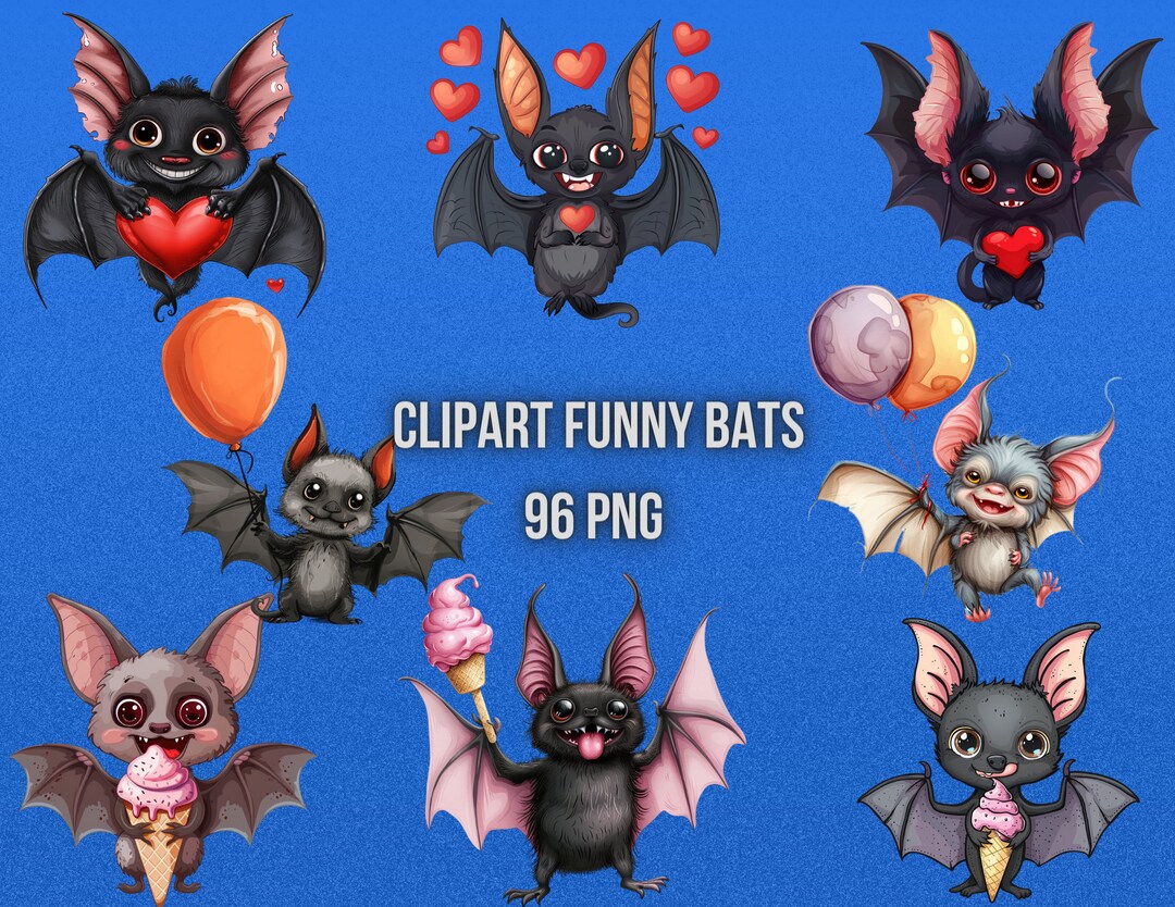 Clipart Cute Bats Set | Cute Bats With Love | Bats With Ballons PNG 96 ...