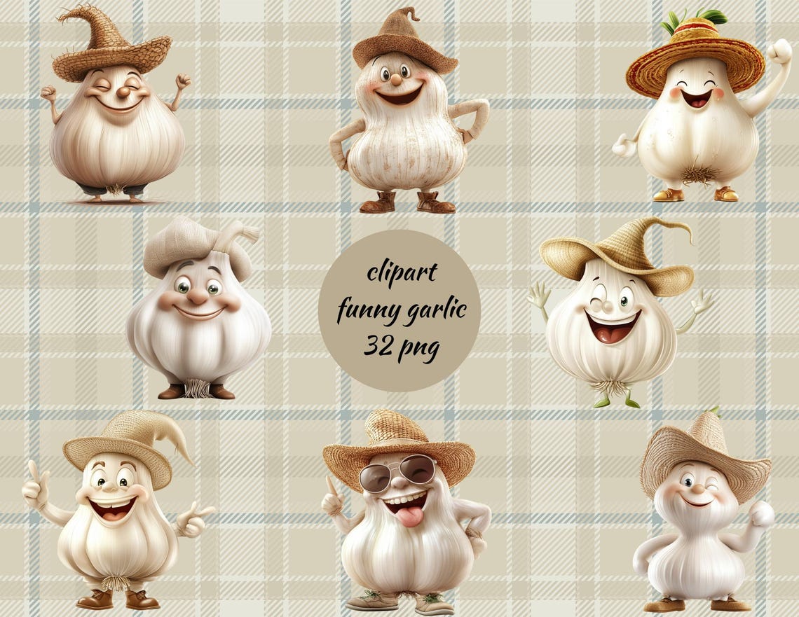 Funny Garlic Clipart Bundle, Cute Garlic Clip Art, Funny Vegetables PNG ...