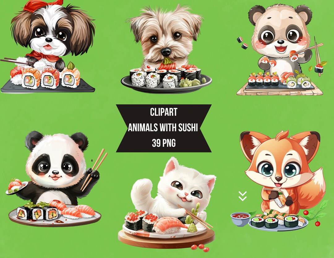 Cute Animals Eating Sushi Clipart, Kawaii Animal Art, PNG Digital Files ...