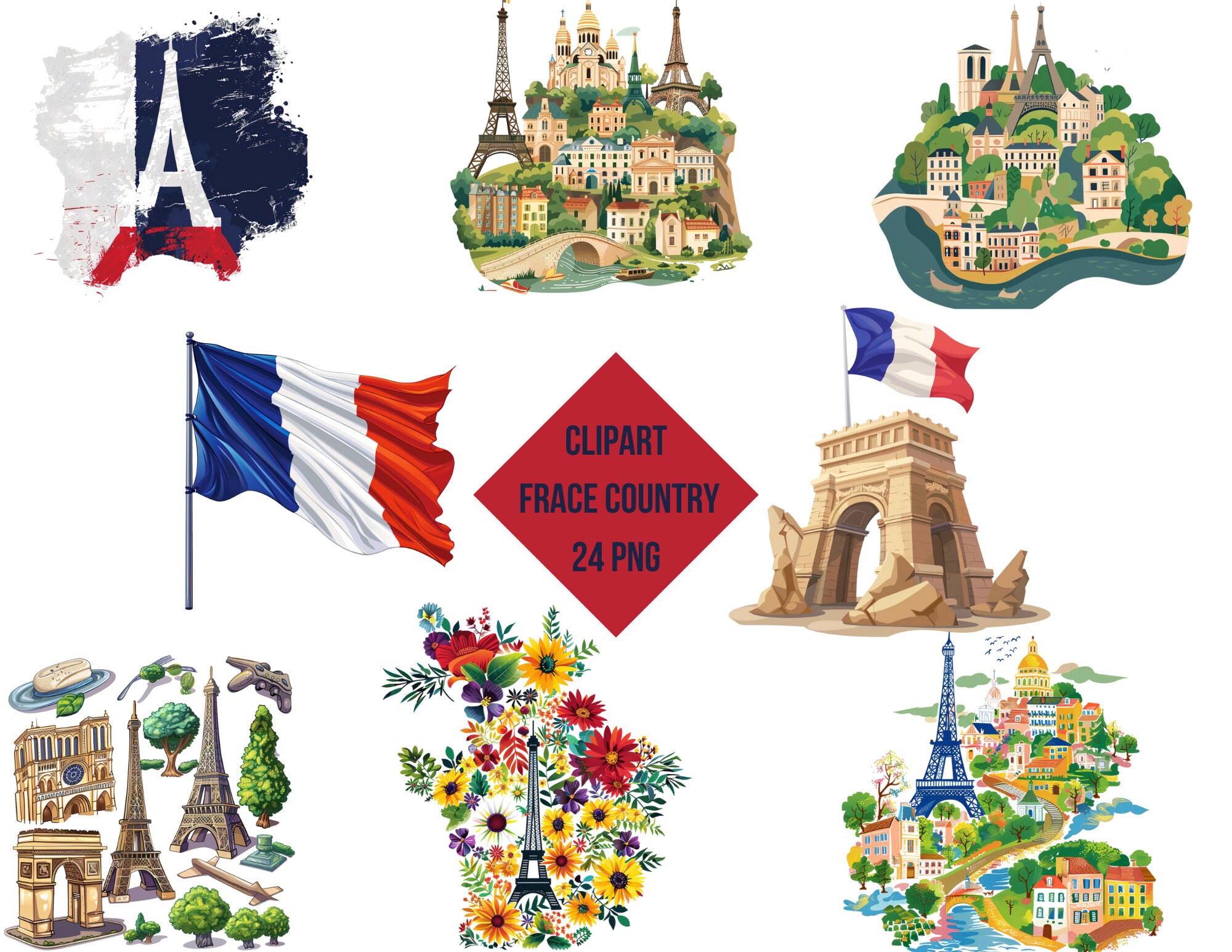 France Themed Clipart Set | Illustrations of Iconic Landmarks and ...