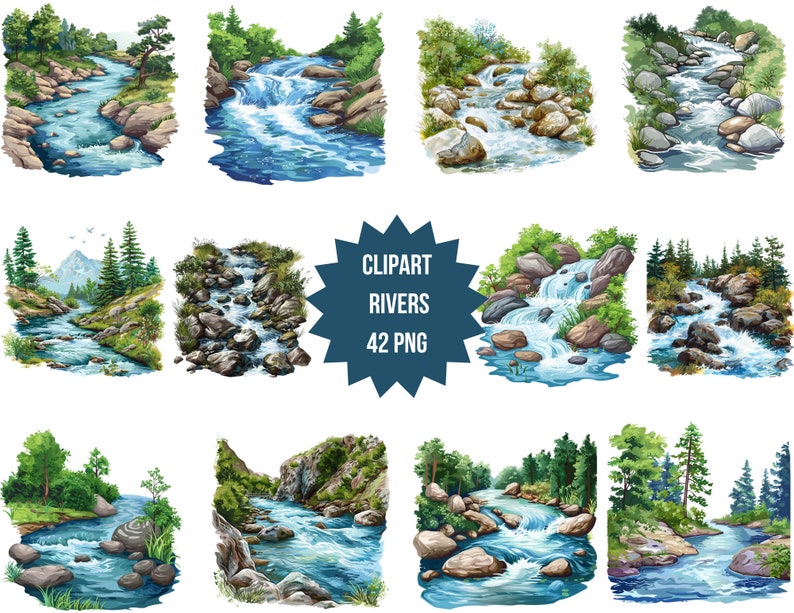 River Landscapes Clipart | Watercolor River Illustrations (instant ...