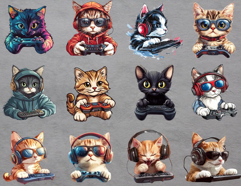 Gamer Cats Clipart Funny Cats PNG Digital Print Cats With Headsets and ...