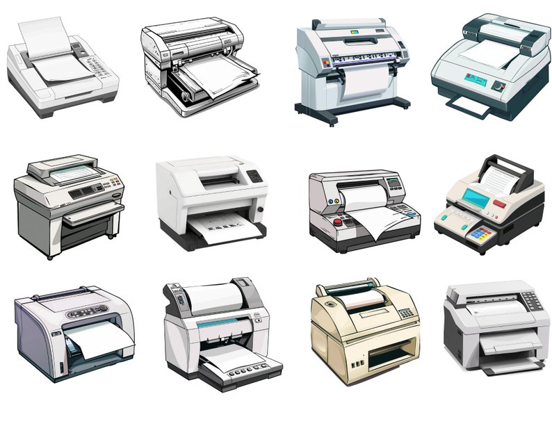 Printer Clipart Bundle, Office Printer PNG, Digital Office Equipment ...