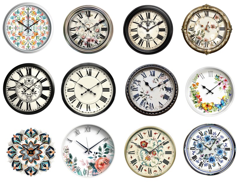 Floral Wall Clock Clipart, Vintage PNG Set (instant Download, Comercial ...