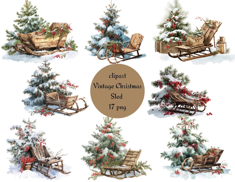 Vintage Christmas Sled Clipart, Rustic Winter Sleigh PNG, Digital ...