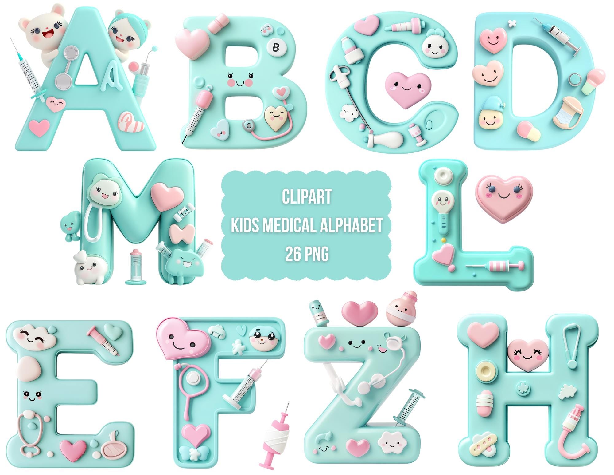 Kids Medical Alphabet Clipart, Cute Medical Letter PNG, Doctor Letters ...