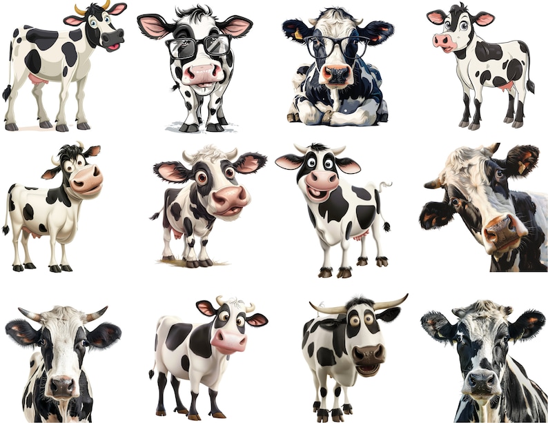 Funny Cow Clipart Bundle, Cute Cartoon Cows PNG, Farm Animal Clipart ...