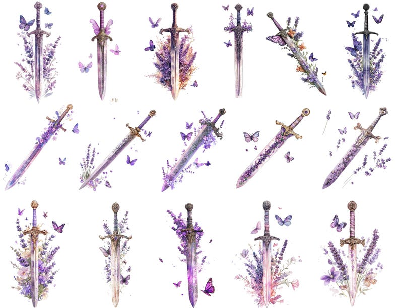 Purple Magic Sword Clipart Bundle, 40 PNG, Floral Swords PNG, Mystic ...