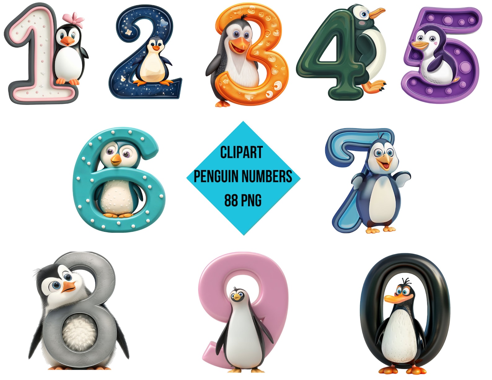 Penguin Numbers Clipart, Cute Penguin PNG, Arctic Animal Numbers, Kids ...
