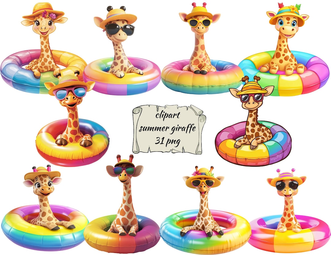 Summer Giraffe Clipart Bundle,giraffes With Floaties PNG, Tropical Pool ...