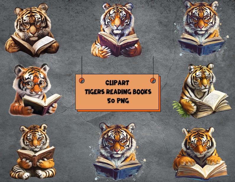 Clipart Tiger Reading Books 50 Pngs | Cute Animal Digital Art ...