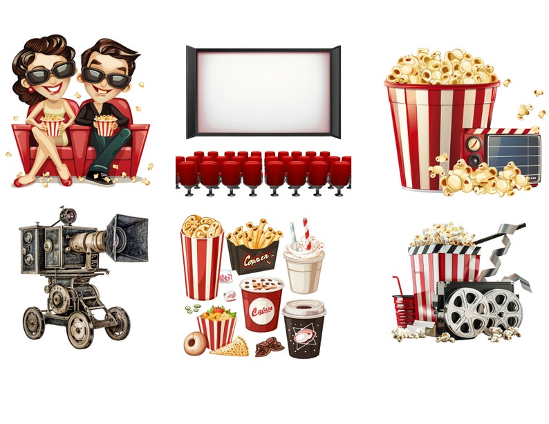 Cinema Clipart Set | Illustrations of Theater and Movie Elements ...
