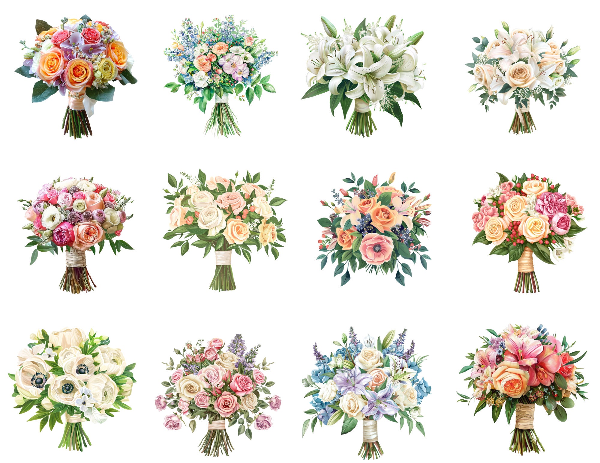Wedding Bouquet Clipart Bundle, Floral PNG Set, Digital Bridal Flower ...
