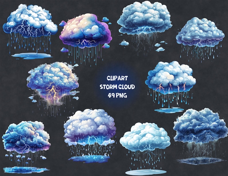 Storm Cloud Clipart Bundle | 49 PNG Rain & Lightning Designs | Magic Decor | Transparent ...