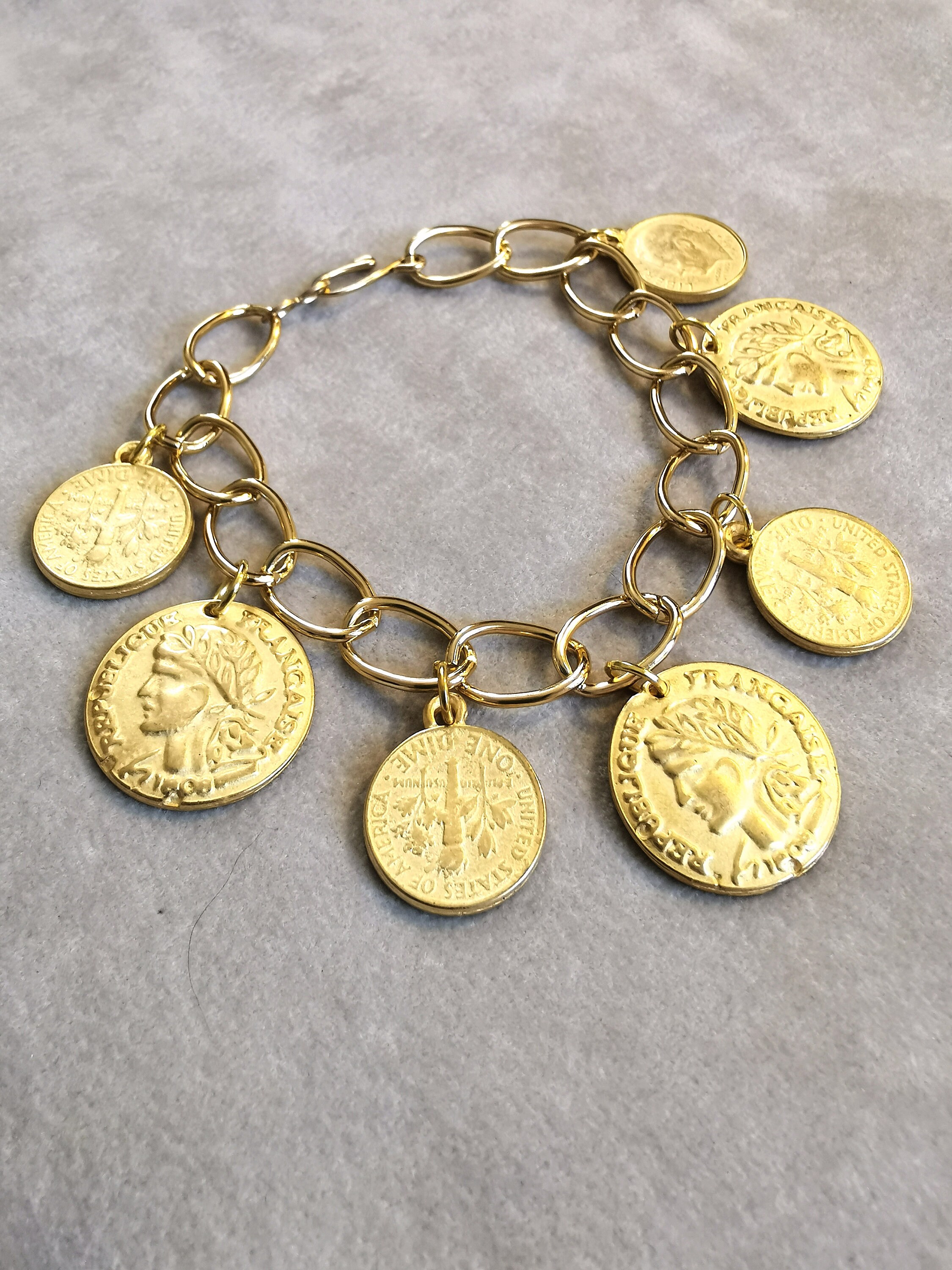 Antique Gold Coins Bracelet, Gold Charm Bracelet, Vintage Fashion ...