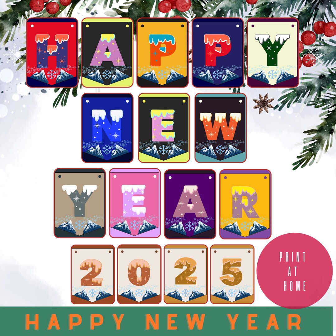 Garland New Year 2025 Printable Banner, Festive Happy New Year Party ...