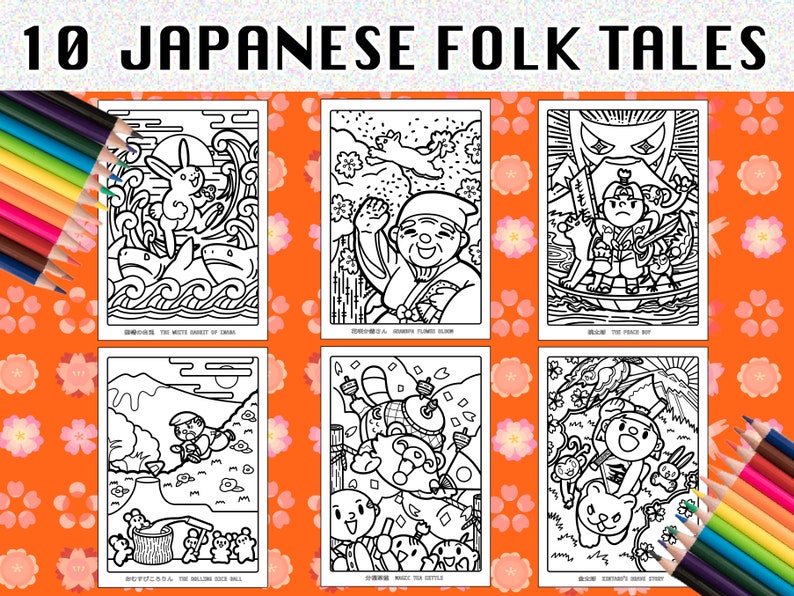 Japanese Folk Tales Coloring Pages, Hand Drawn Kids Activity (digital ...