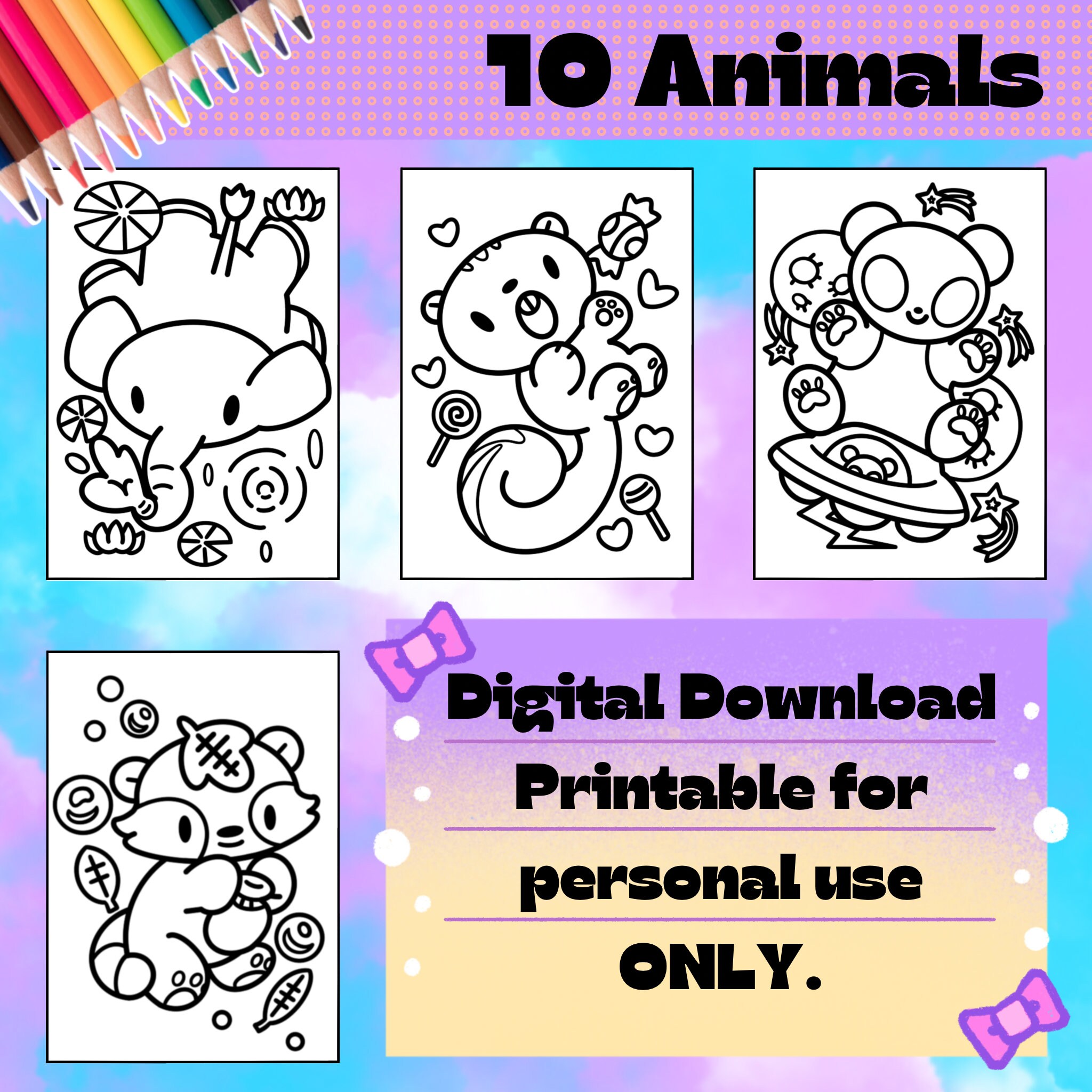 10 Kawaii Animals Coloring Pages, Coloring Pages, Kids, Hand Drawn ...