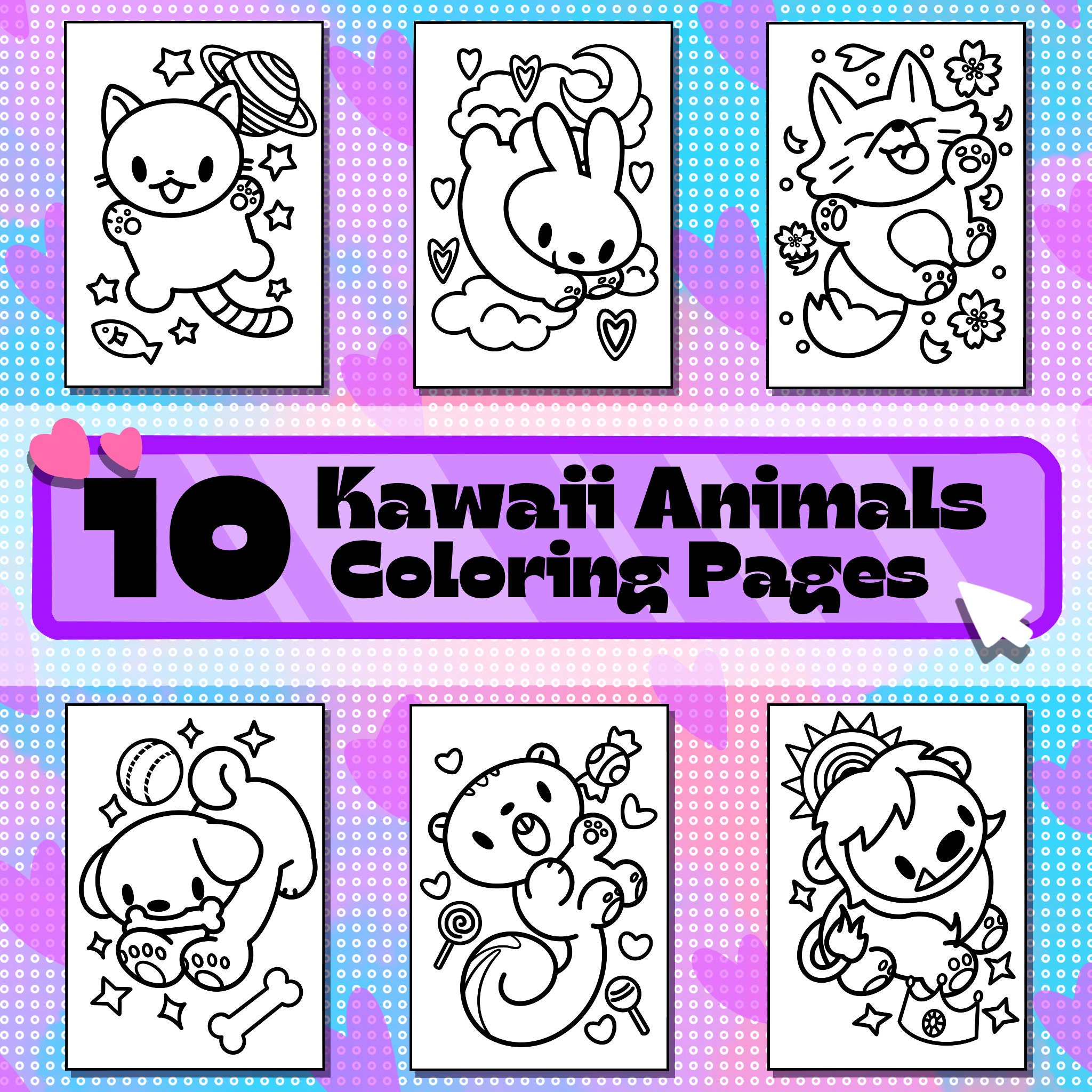 10 Kawaii Animals Coloring Pages, Coloring Pages, Kids, Hand Drawn ...