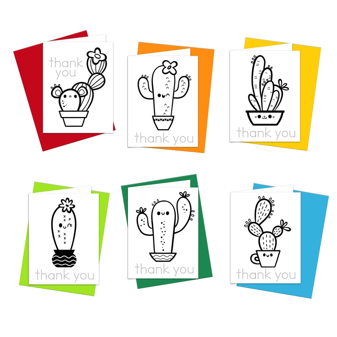 Kawaii Cactus Thank You Cards: Kids Coloring Note Cards Set - Etsy