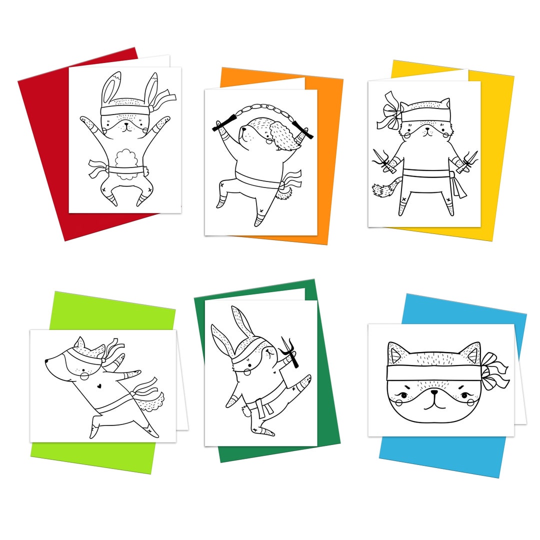 Ninja Animal Coloring Cards: Kids Stationery Set (6 Recycled Cards) - Etsy