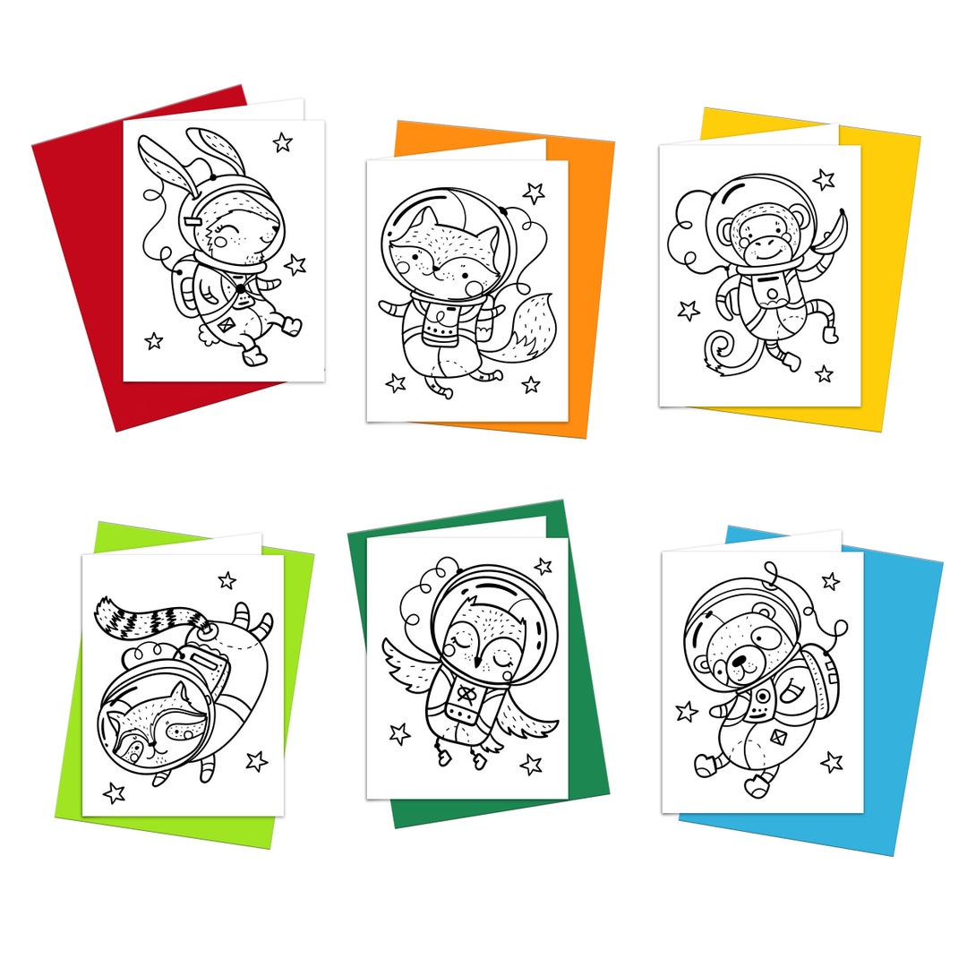 Coloring Cards: Astro Buddies Cute Animals in Space - Set of 6 Cards to ...