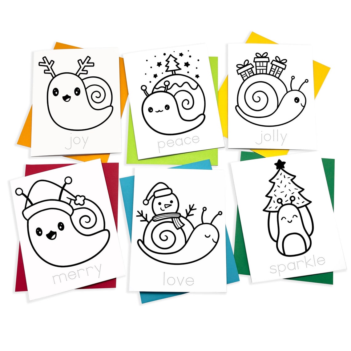 Christmas Cards to Color: Kawaii Style Cute Snails Coloring Cards (set ...