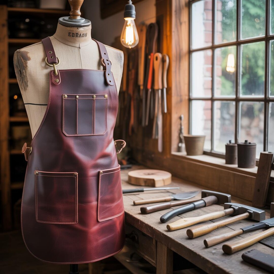 Handmade Leather Apron for Men & Women – Heavy-duty Burgundy Work Apron ...