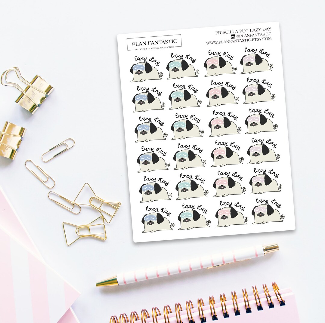 Lazy Day Planner Stickers Priscilla Pug Character Sticker Hand Drawn ...