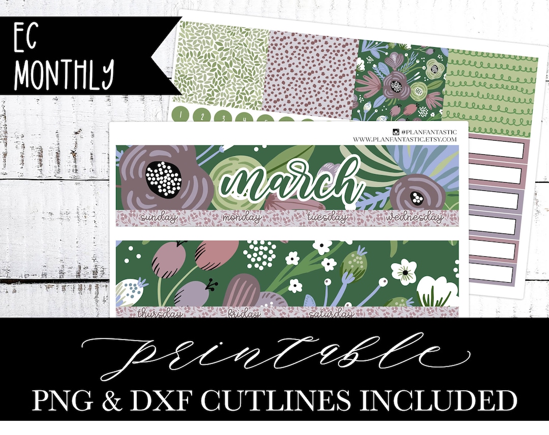 March Printable Monthly Planner Sticker Kit Spring PNG DXF Cutlines ...