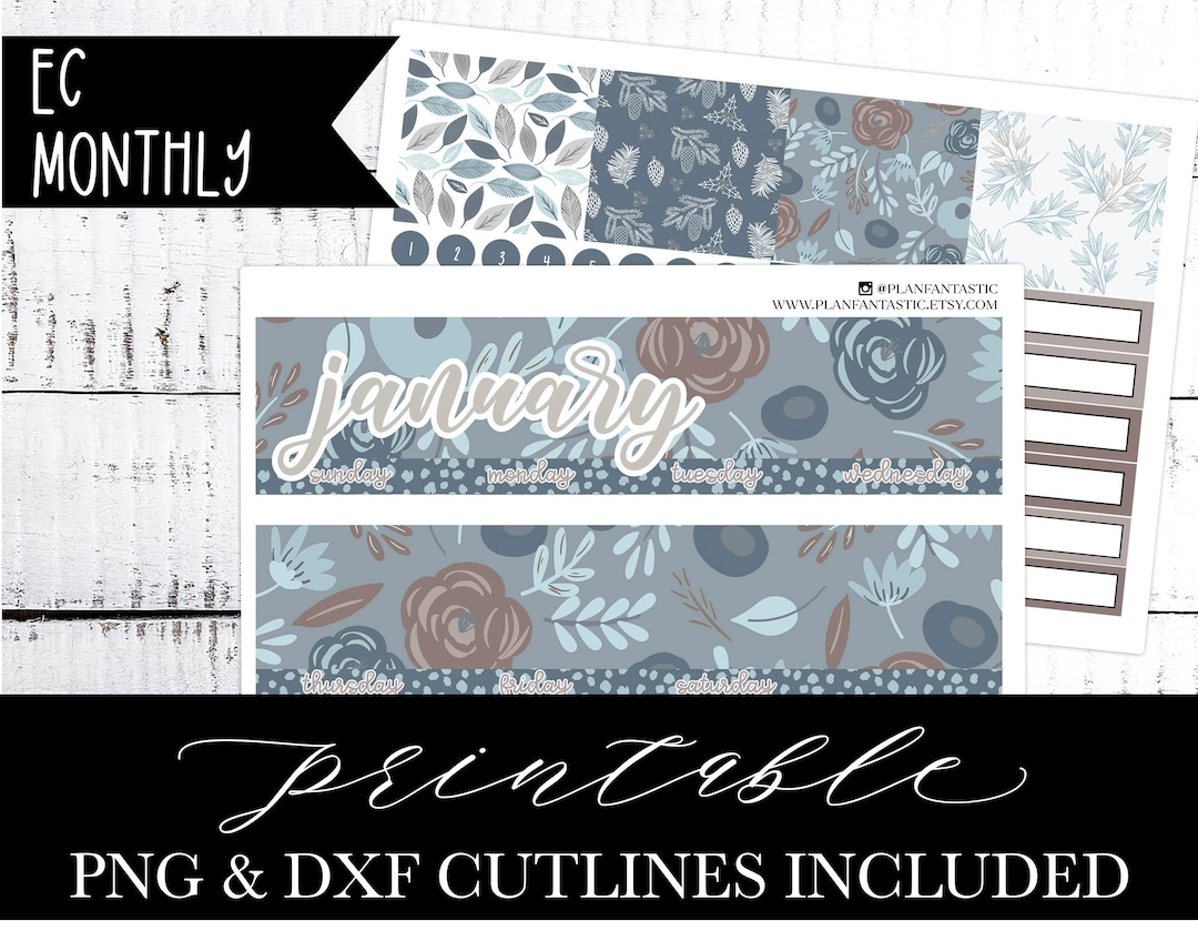 January Printable Monthly Planner Sticker Kit Winter New Years PNG DXF ...