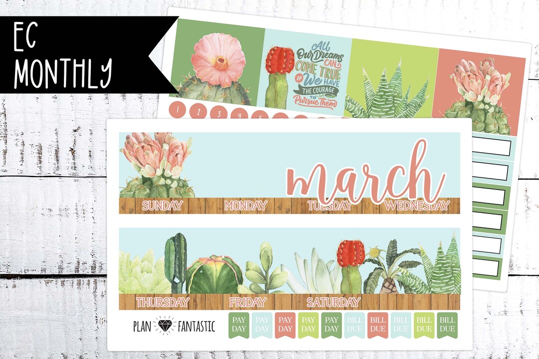 March Succulents Monthly Planner Sticker Kit - Spring Cactus - for Use ...