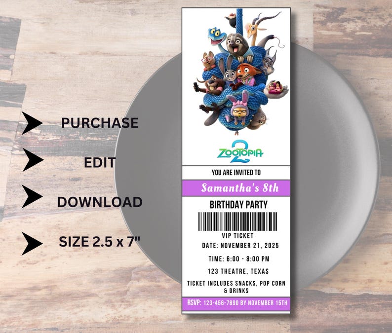 Editable Zootopia 2 Movie Ticket Invitation, Zootopia 2 Ticket ...