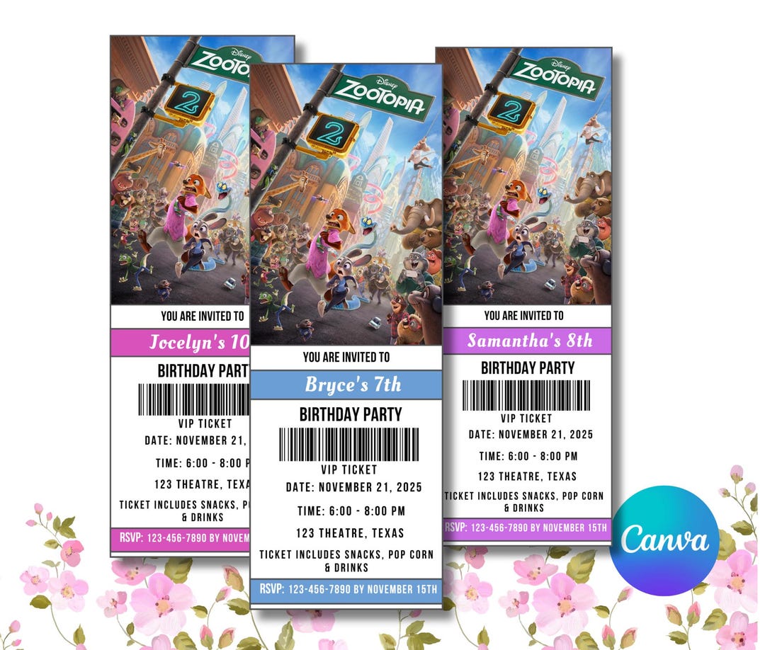 Editable Zootopia 2 Movie Ticket Invitation, Zootopia 2 Ticket ...
