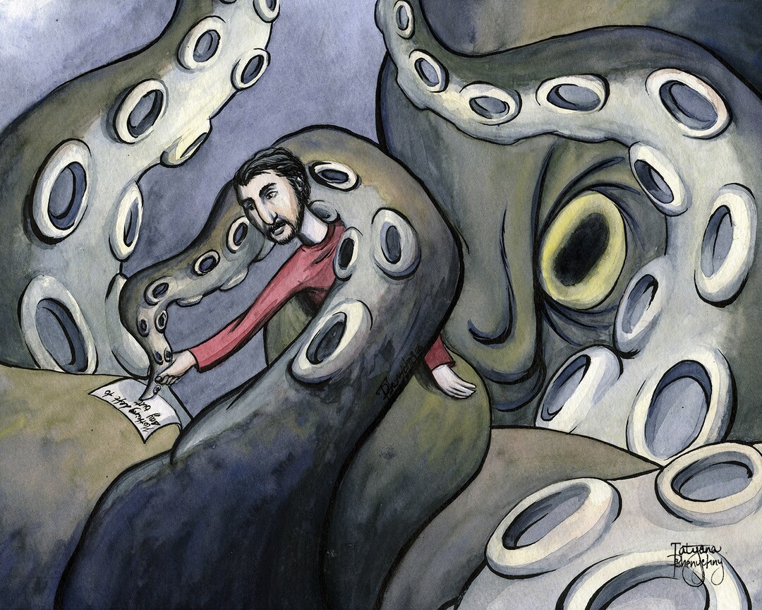 Man Consumed by Octopus Writing Letter With Tentacle. Fine - Etsy