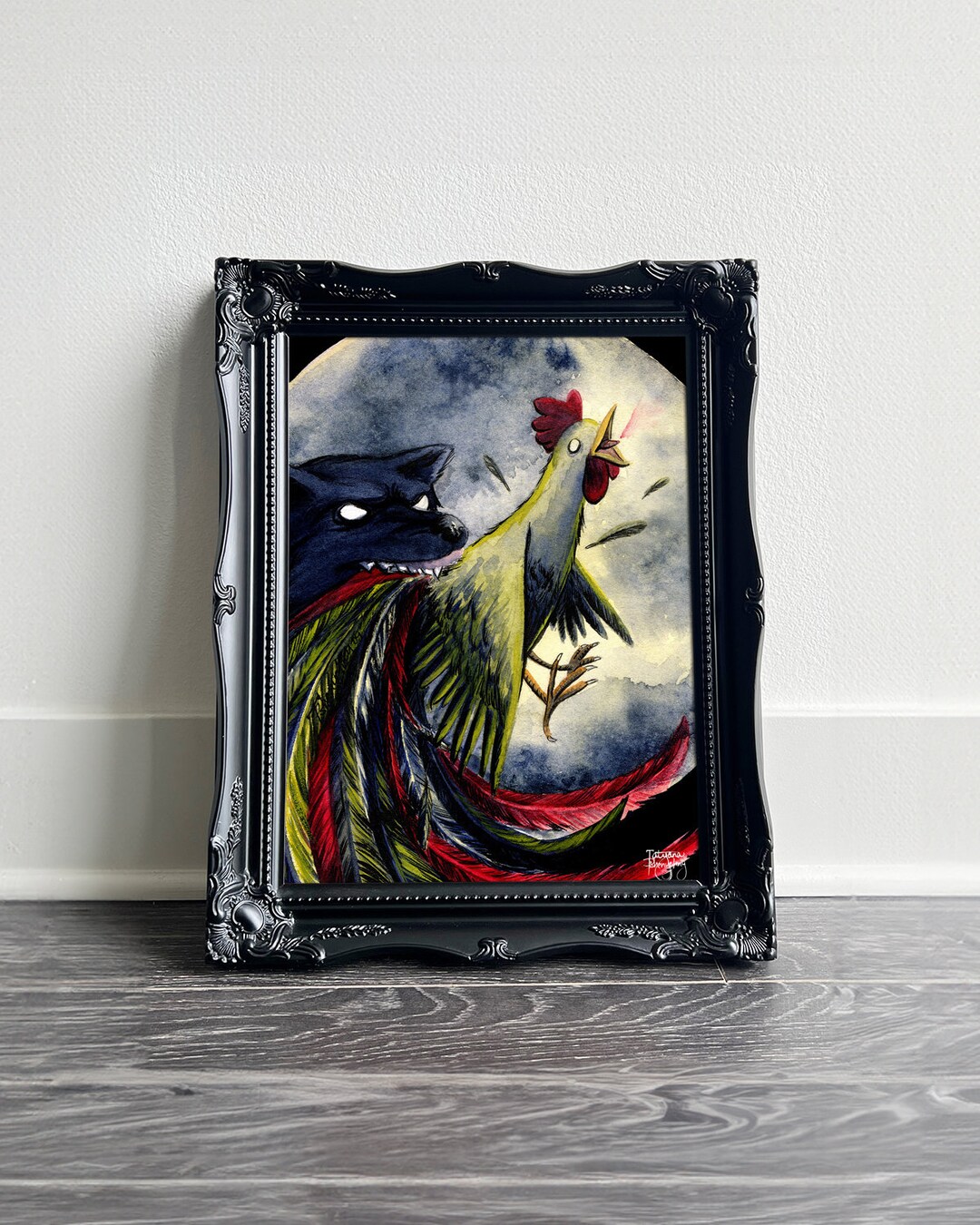 Fowl Howl by Tatyana Watercolor & Ink Painting Wolf Attacking Rooster ...