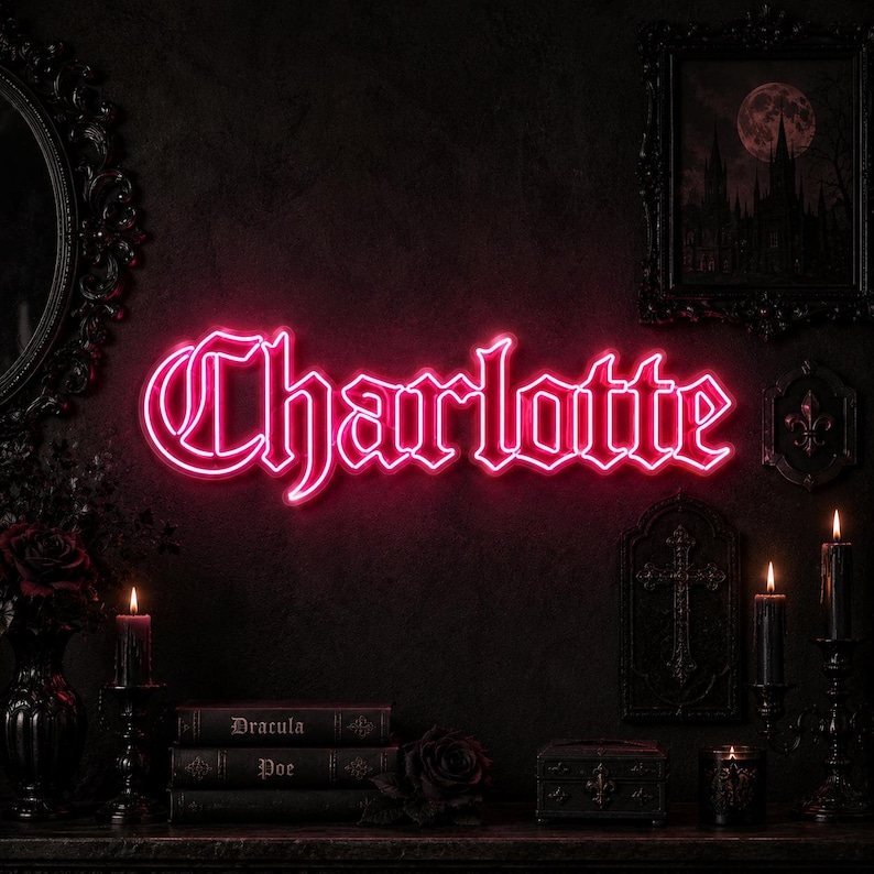 Custom Gothic Name Neon Sign, Old English Font Neon Sign Decor, Goth ...