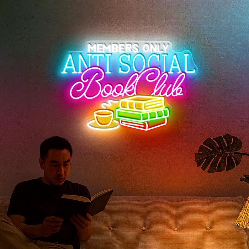 Anti-social Book Club Neon Sign, Funny Book Lover Neon Sign, Aesthetic ...