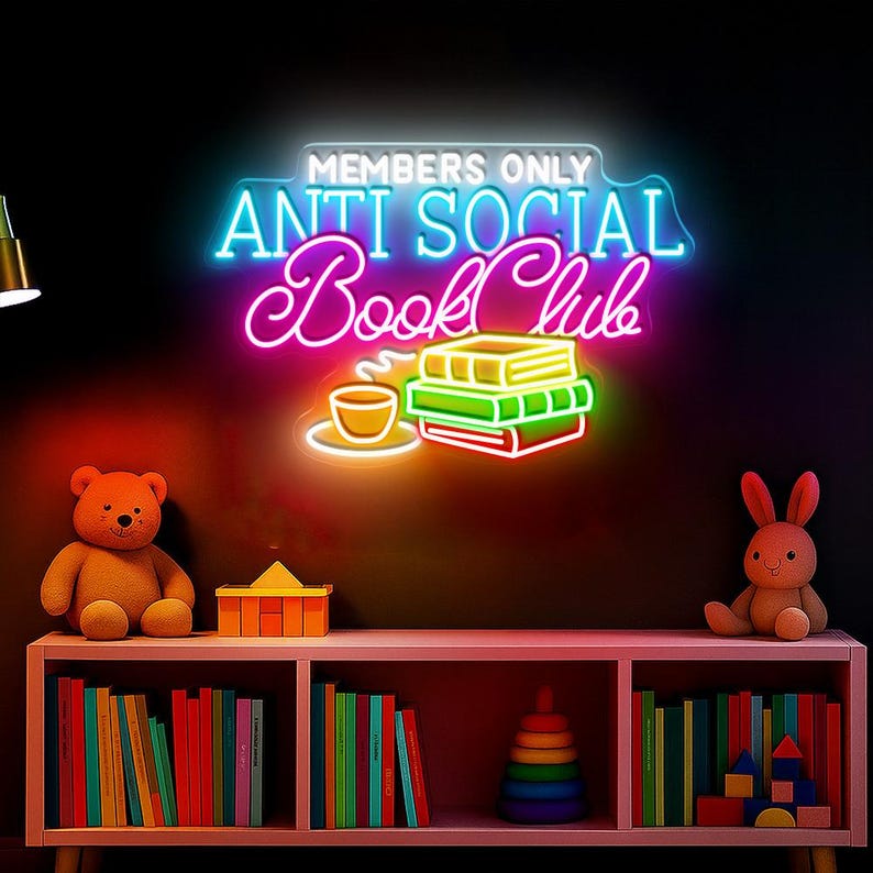 Anti-social Book Club Neon Sign, Funny Book Lover Neon Sign, Aesthetic ...