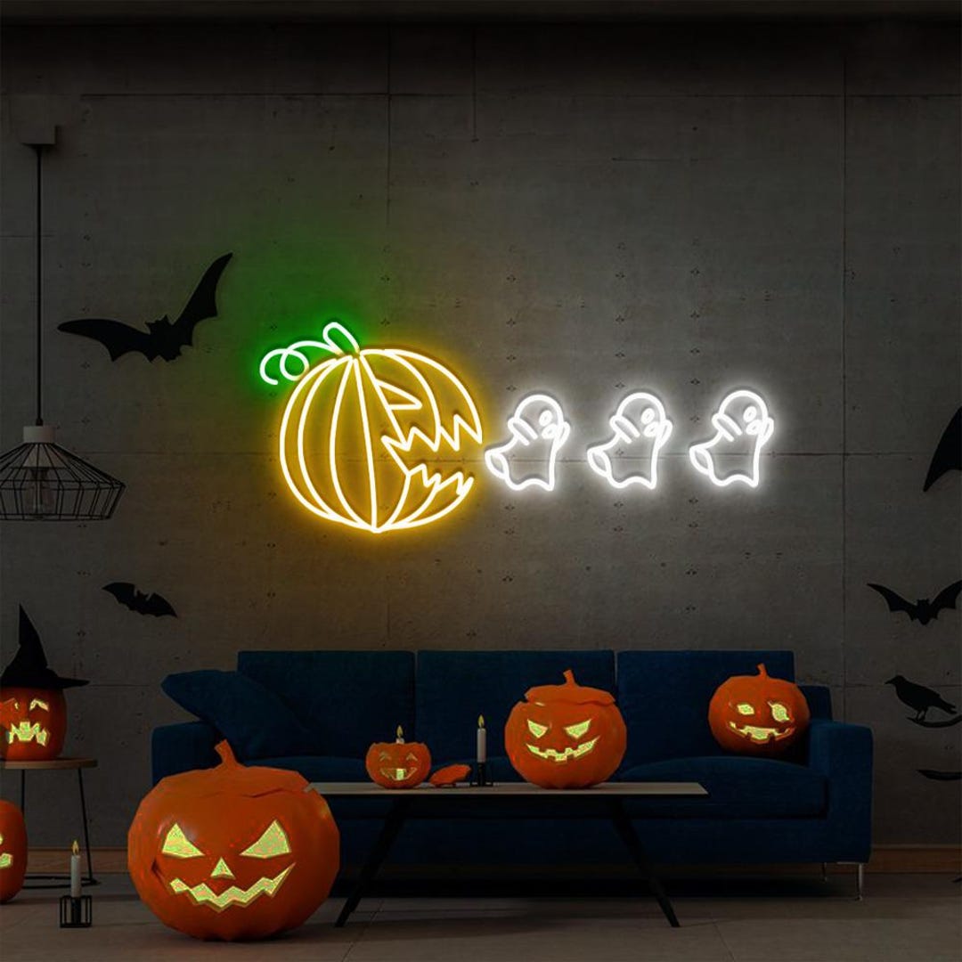 Halloween Pumpkin Eat Ghost Neon Sign , Funny Spooky Neon Sign, Ghost ...