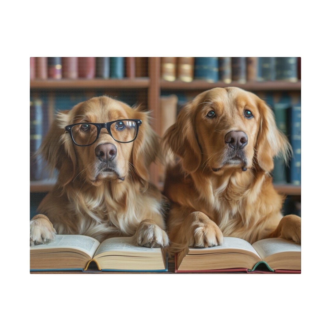 Golden Retriever Dogs With Glasses Reading Books, Matte Canvas ...