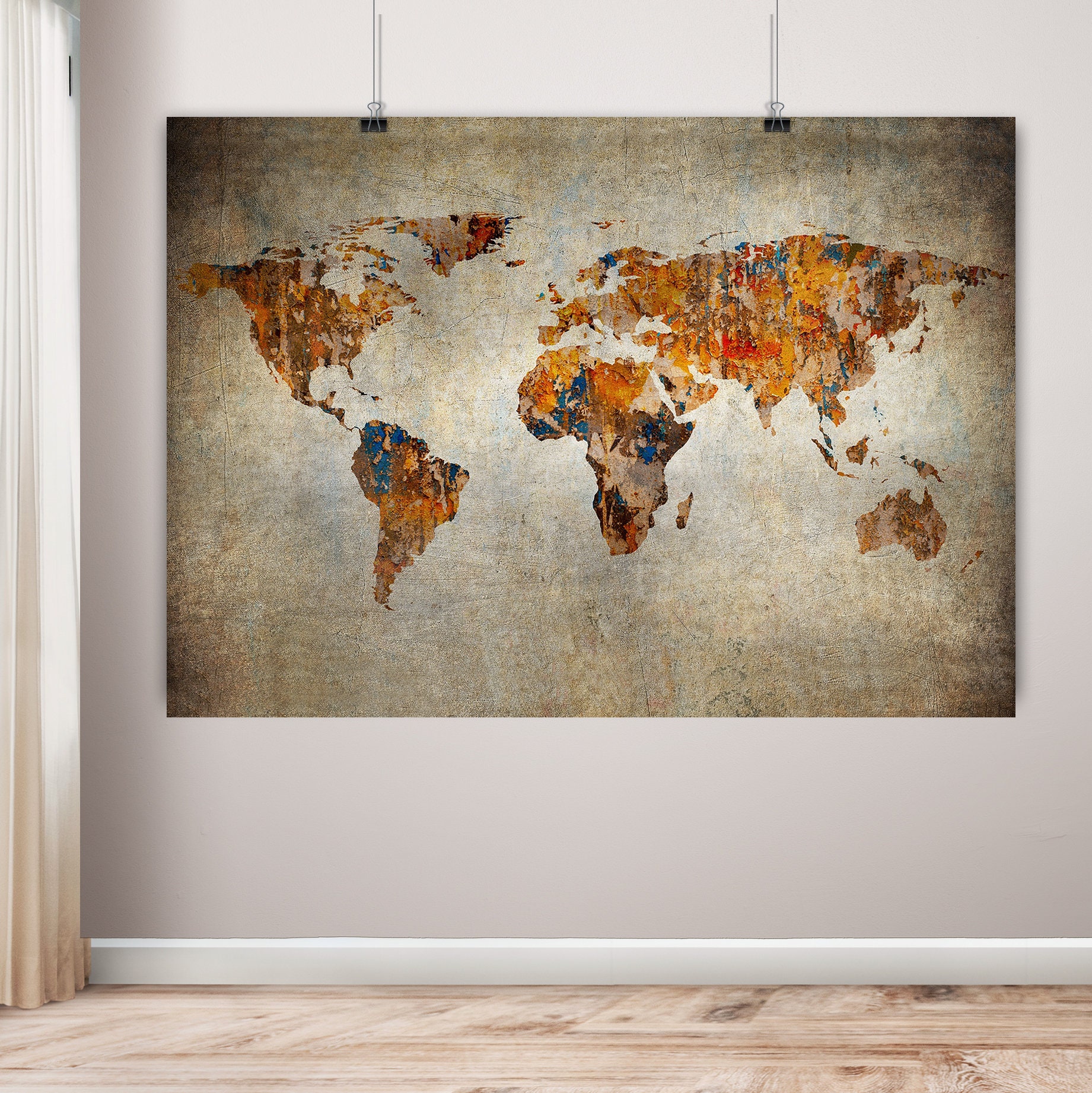 Distressed World Map Colorful World Map Wall Art Map Poster Home Decor ...