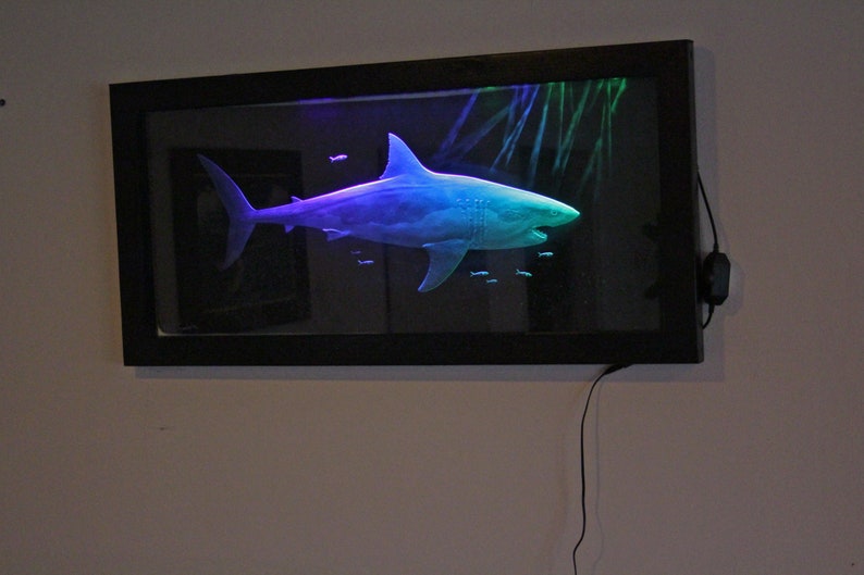 Great White Shark Carved Etched Glass Handdrawn Wall Art LED Lights ...