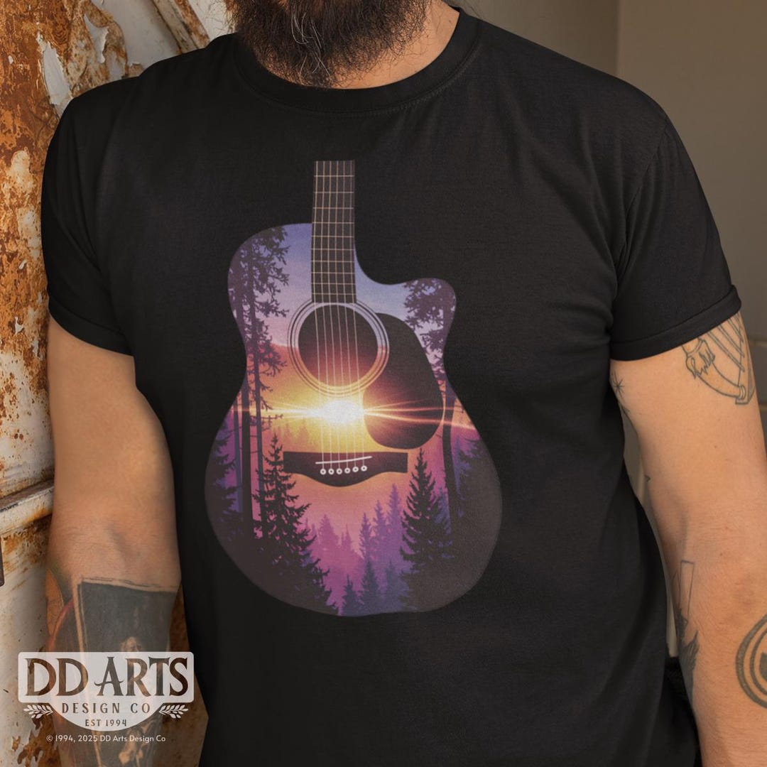 Sunset Guitar Forest Shirt, Acoustic Guitar Silhouette T-shirt, Nature ...