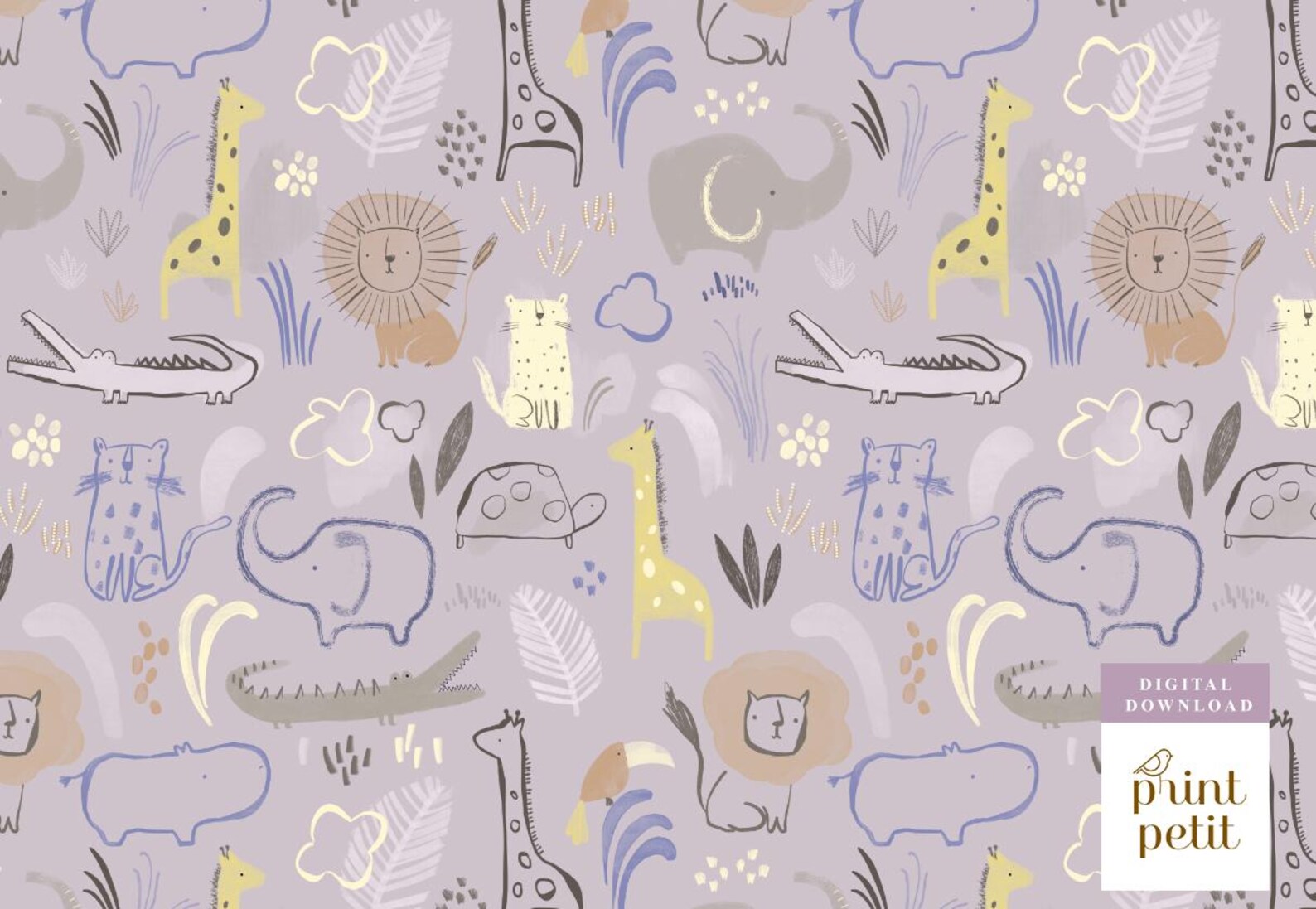 Pastel Animal Kingdom, Purple Jungle Seamless Pattern Digital File ...