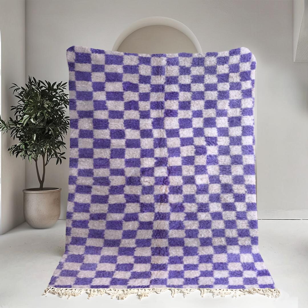 Purple Checkered Moroccan Rug, Handmade Purple Checkboard Rug for ...