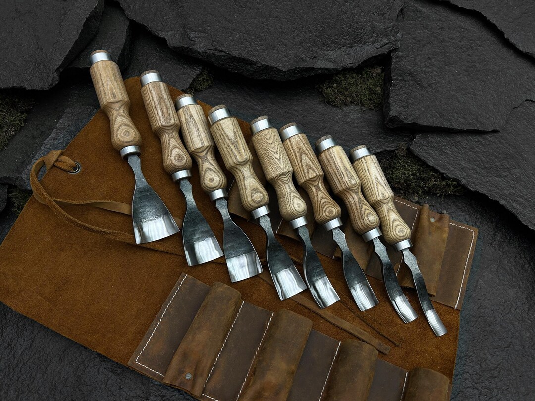 Hand Forged Bent Gouge Set: 52100 Steel Blades, Ash Handles, Leather ...